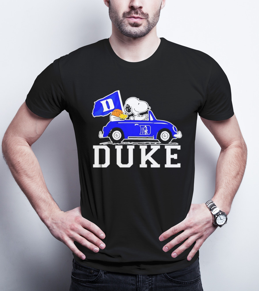 Snoopy And Woodstock Driving Duke Blue Car With Duke Blue Devils Flag T-Shirt