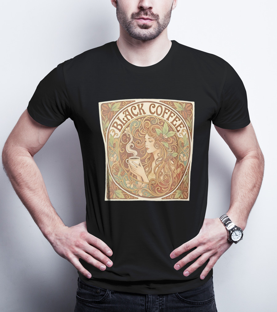 Black Coffee Nouveau Floral Steaming Art Deco T-Shirt