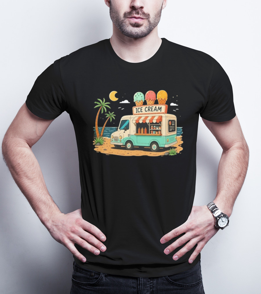 Ice Cream Truck Beach Night Tropical Ocean Summer Waves T-Shirt