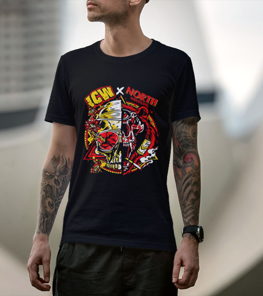 ICW X North Wrestling Split Skull Bear Head Concert Band T-Shirt