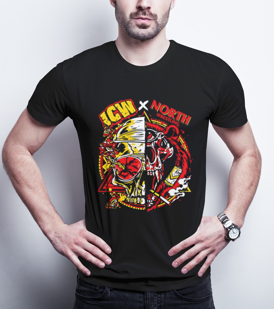 ICW X North Wrestling Split Skull Bear Head Concert Band T-Shirt