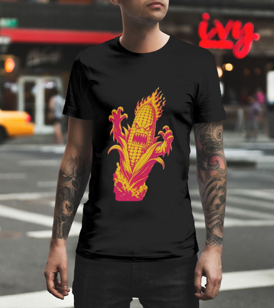 Fiery Mutant Corn Monster Kernels Of Terror Halloween Evil Cob T-Shirt