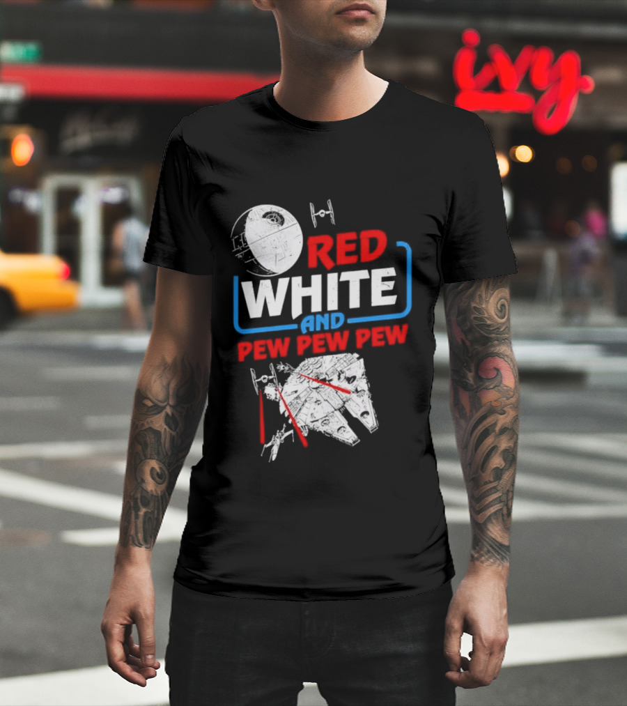 Star Wars Millennium Falcon Red White And Pew Pew Pew Death Star Tie Fighter T-Shirt
