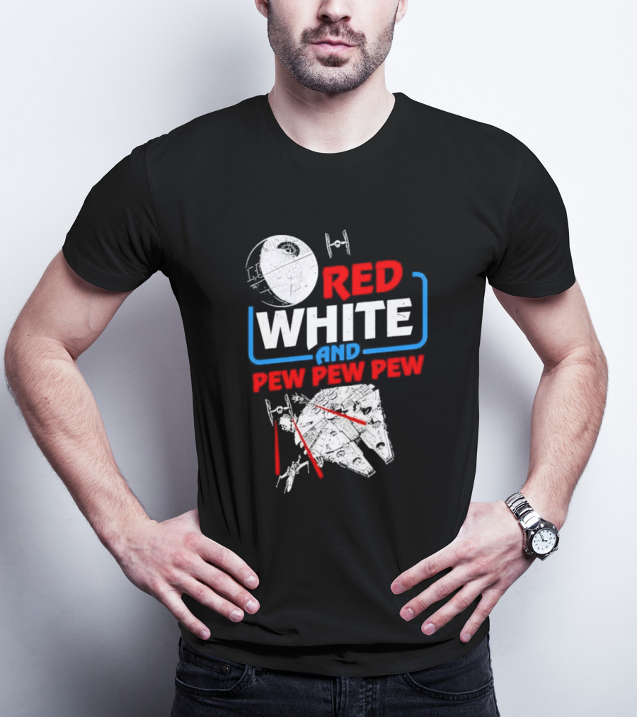 Star Wars Millennium Falcon Red White And Pew Pew Pew Death Star Tie Fighter T-Shirt