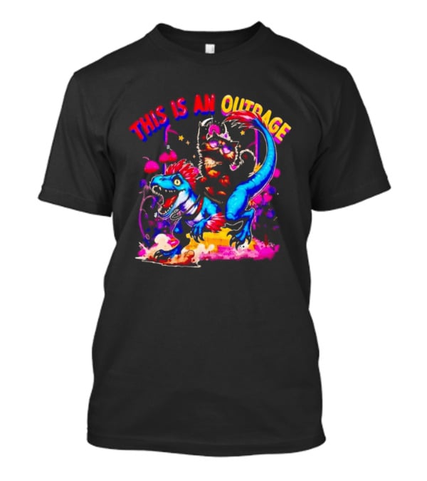 This Is An Outrage Cat Riding Blue Raptor Dinosaur Jurassic T-Shirt