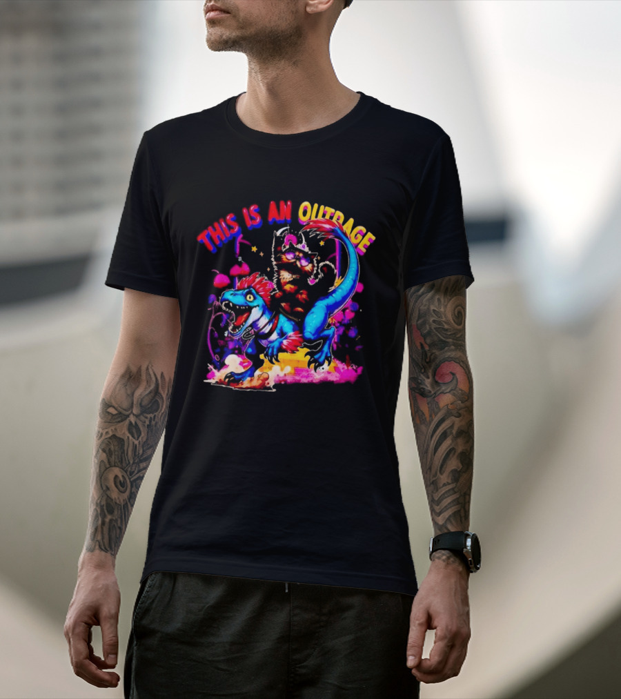 This Is An Outrage Cat Riding Blue Raptor Dinosaur Jurassic T-Shirt