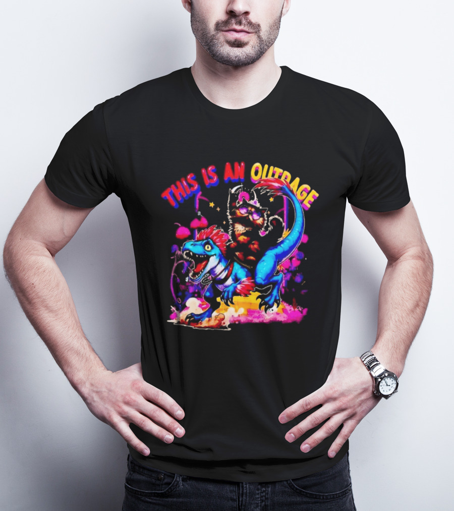 This Is An Outrage Cat Riding Blue Raptor Dinosaur Jurassic T-Shirt