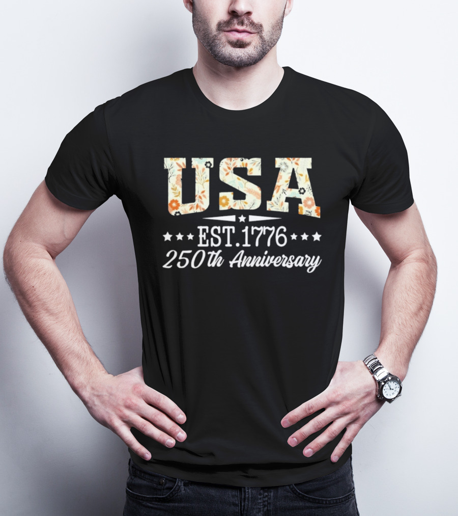 USA EST 1776 250th Anniversary Floral Celebration T-Shirt