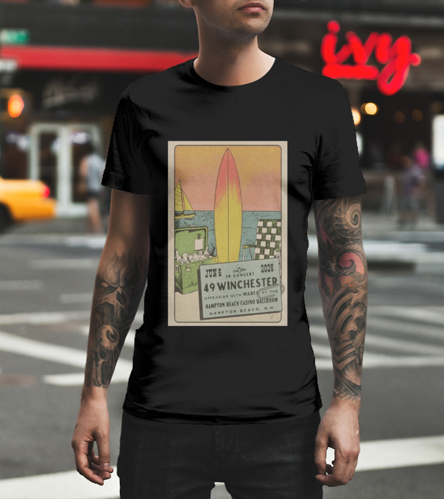 49 Winchester Live In Concert June 06 2026 Hampton Beach Casino Ballroom NH Appearing With Marfa Surfboard Ice Cooler Beach Scene T-Shirt