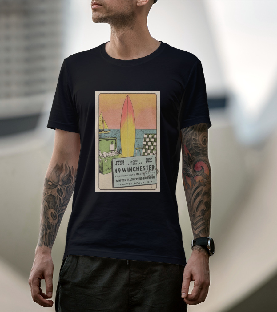 49 Winchester Live In Concert June 06 2026 Hampton Beach Casino Ballroom NH Appearing With Marfa Surfboard Ice Cooler Beach Scene T-Shirt
