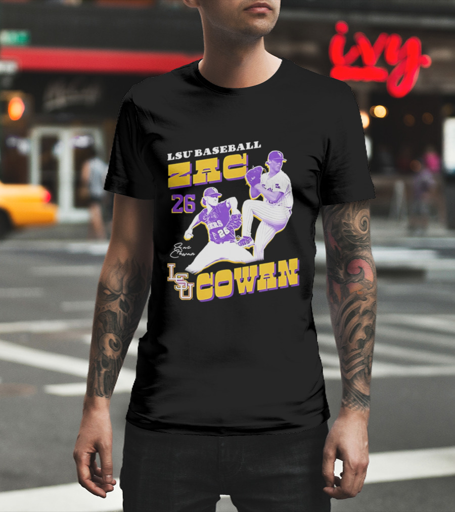 LSU Baseball Zac Cowan 26 Pitching Action Pose T-Shirt