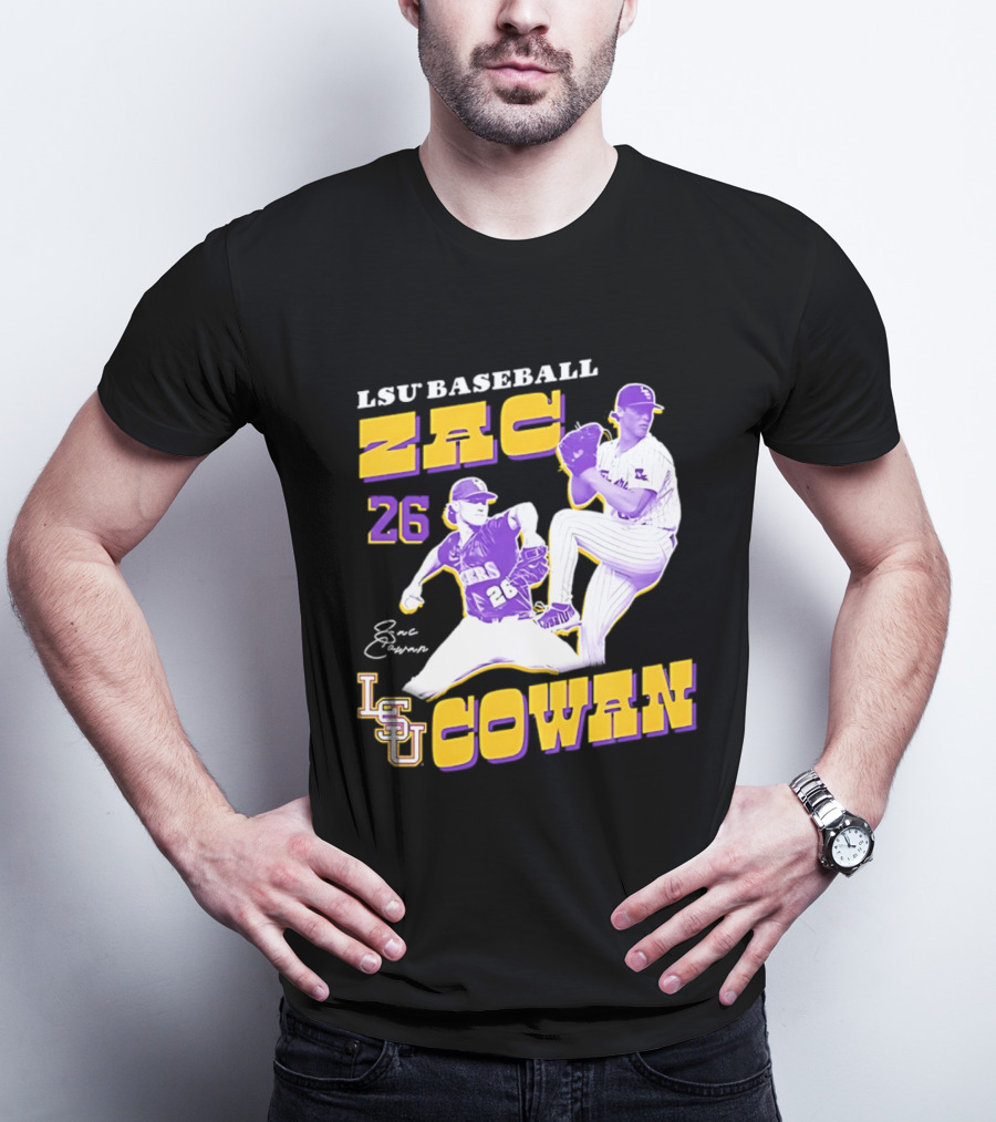 LSU Baseball Zac Cowan 26 Pitching Action Pose T-Shirt