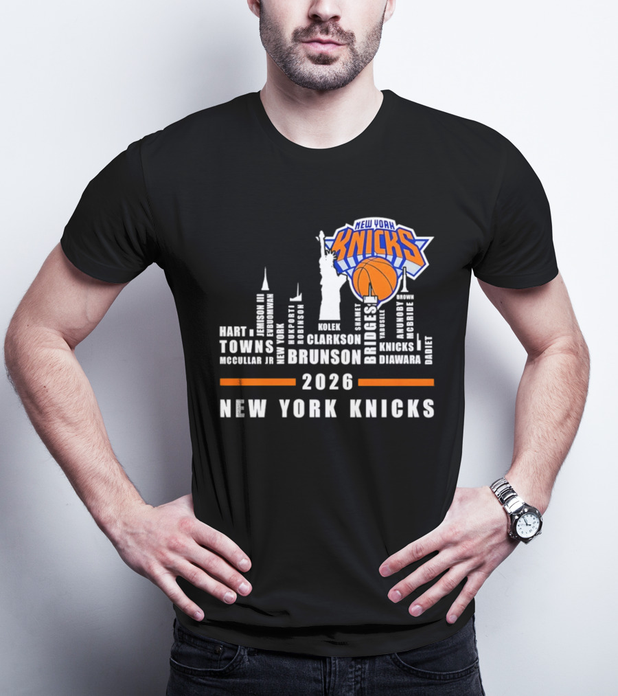 New York Knicks 2026 Team Roster Skyline Statue Of Liberty T-Shirt