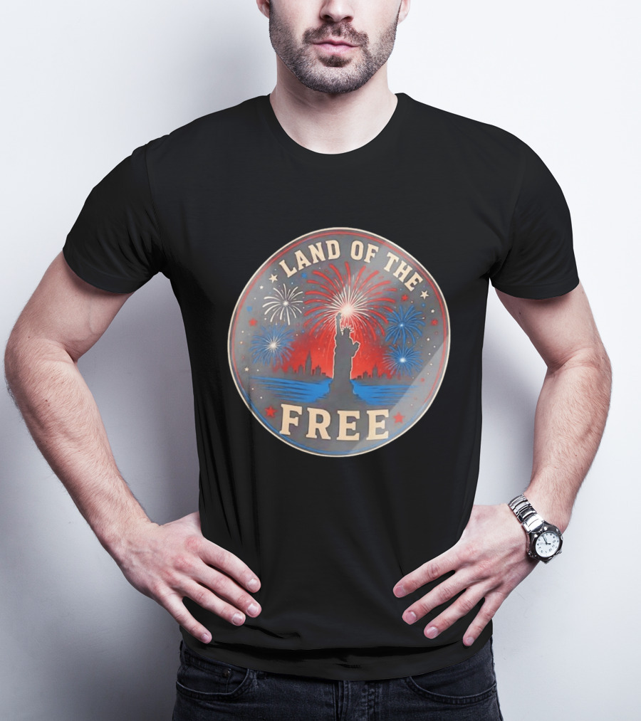 Land Of The Free Statue Of Liberty Fireworks Skyline T-Shirt