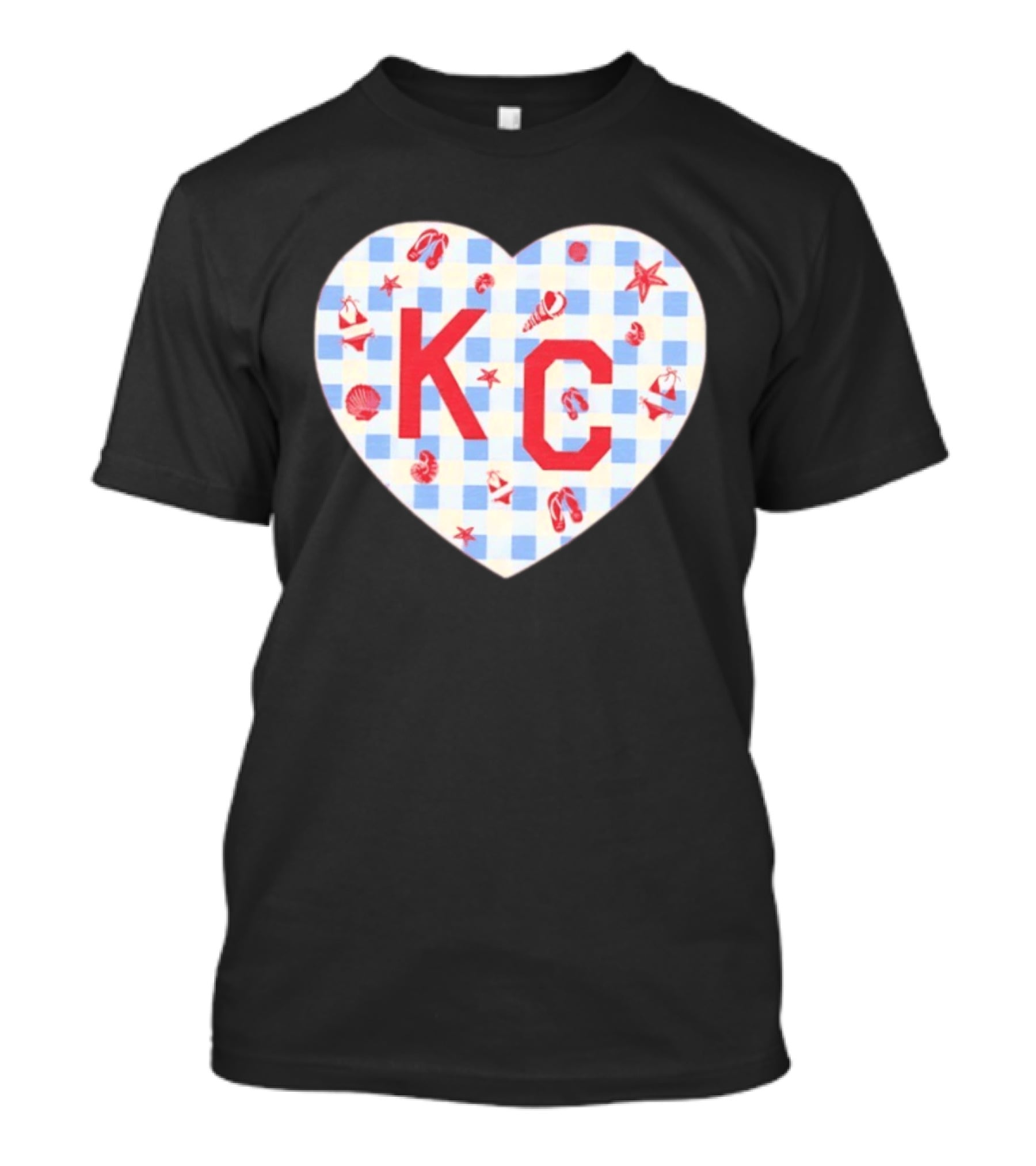 KC Heart Summertime Oatmeal Checkered Seashells And Starfish T-Shirt