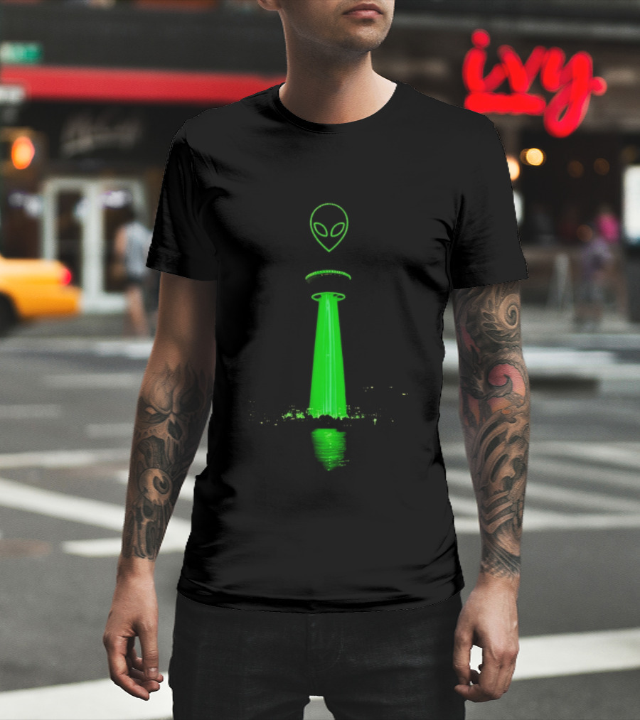 Victor Wamby Alien Spaceship Calgary Tower Abduction UFO Green Glow T-Shirt