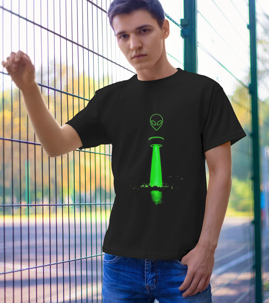 Victor Wamby Alien Spaceship Calgary Tower Abduction UFO Green Glow T-Shirt