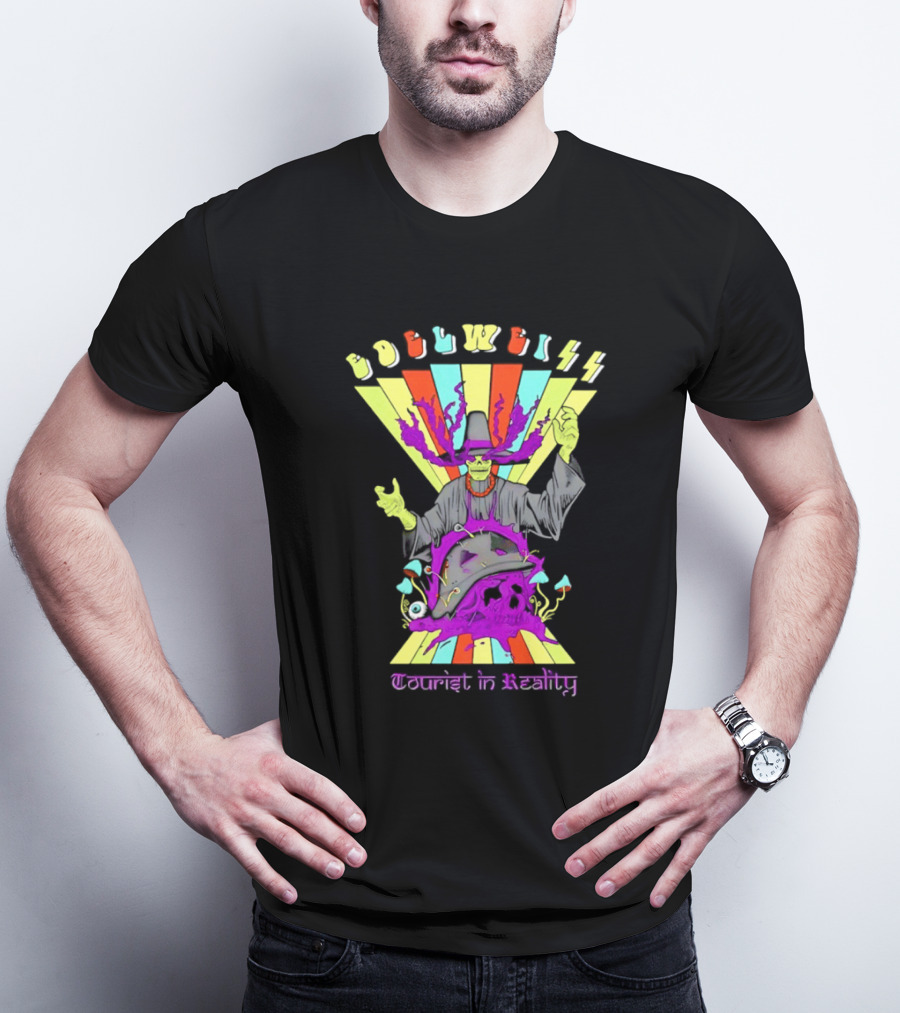 Edelweiss Skeleton Warlock Psychedelic Rainbow Tourist In Reality T-Shirt