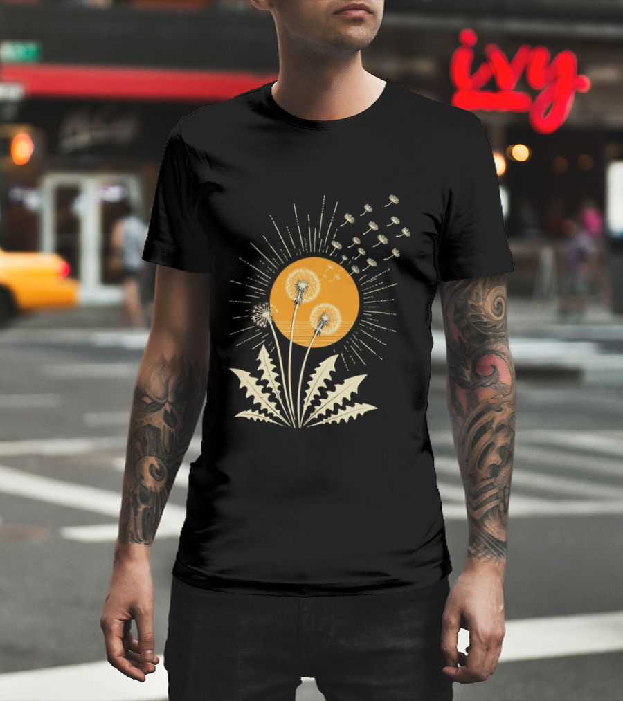 Golden Sunlight Dandelion Seeds Flying Nature Burst T-Shirt