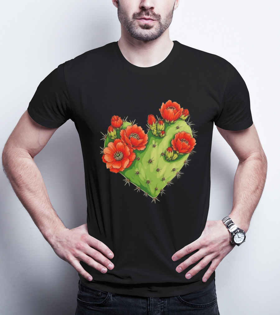 Heart Shaped Cactus With Vibrant Red Flowers T-Shirt