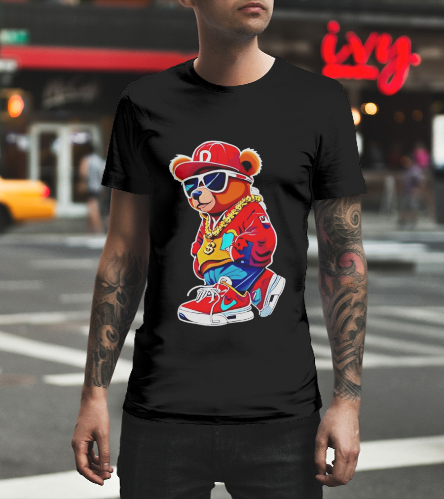 Hip Hop Teddy Bear Swag With Red Cap And Sunglasses T-Shirt