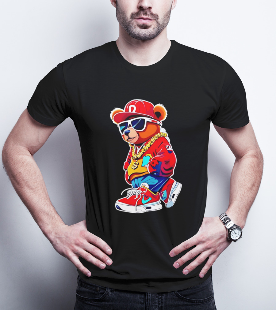 Hip Hop Teddy Bear Swag With Red Cap And Sunglasses T-Shirt