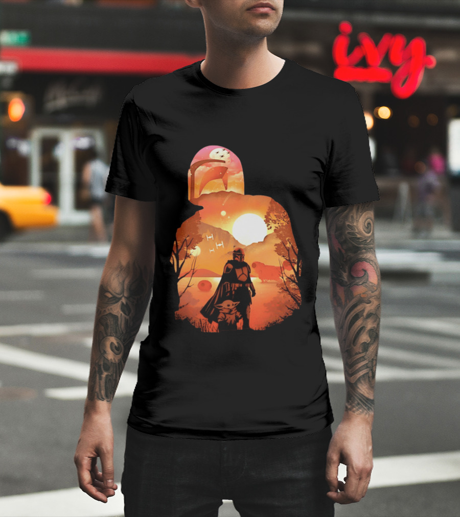 Hunting Companions Bounty Hunter Sunset Mandalorian Grogu Art By Dandingeroz T-Shirt