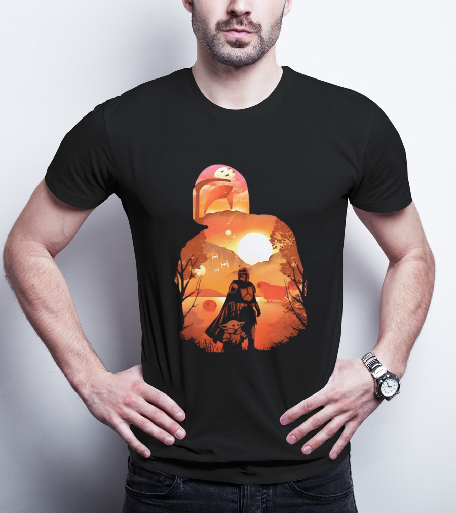 Hunting Companions Bounty Hunter Sunset Mandalorian Grogu Art By Dandingeroz T-Shirt