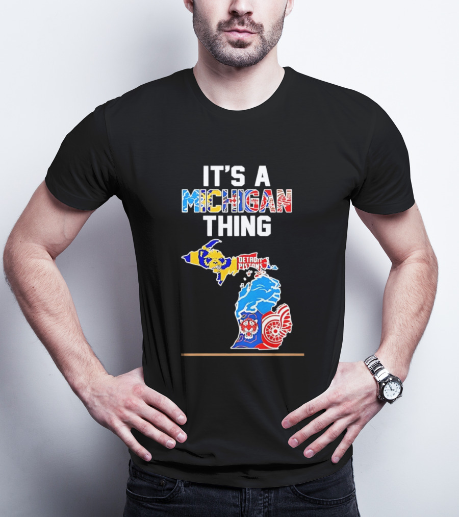 It's A Michigan Thing Detroit Pistons Lions Red Wings Sports Map T-Shirt