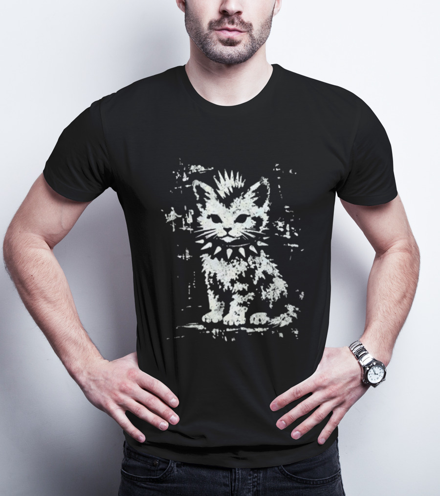 Punk Rock Cat Mohawk And Studded Collar T-Shirt