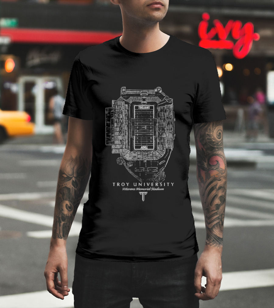 Troy University Veterans Memorial Stadium Trojans Football Stadium Blueprint T-Shirt