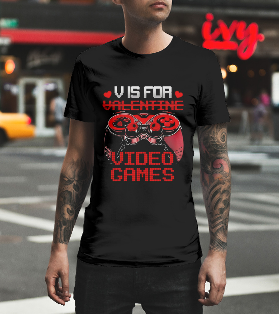 V Is For Valentine Video Games Controller Hearts T-Shirt