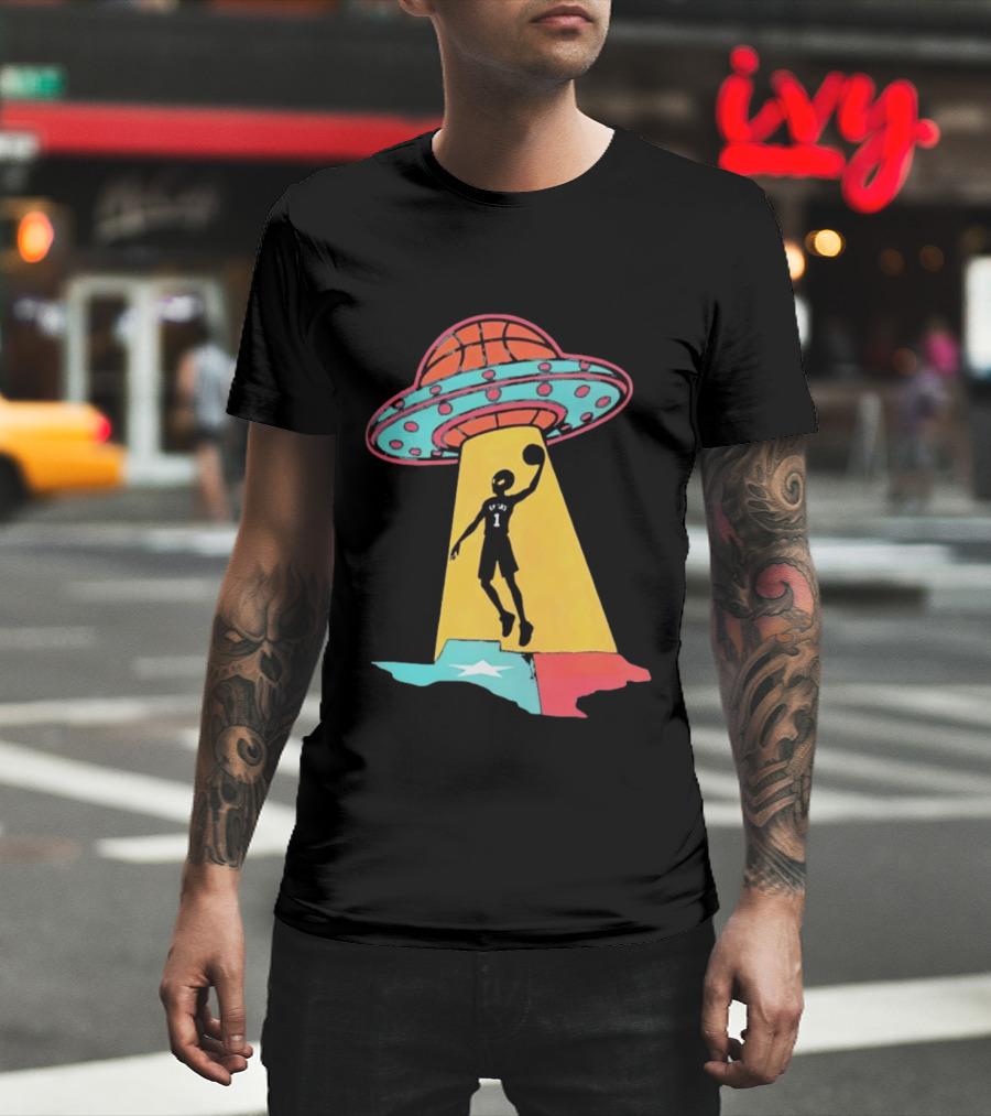 Victor Wembanyama San Antonio Spurs UFO Abduction Texas Flag Basketball T-Shirt