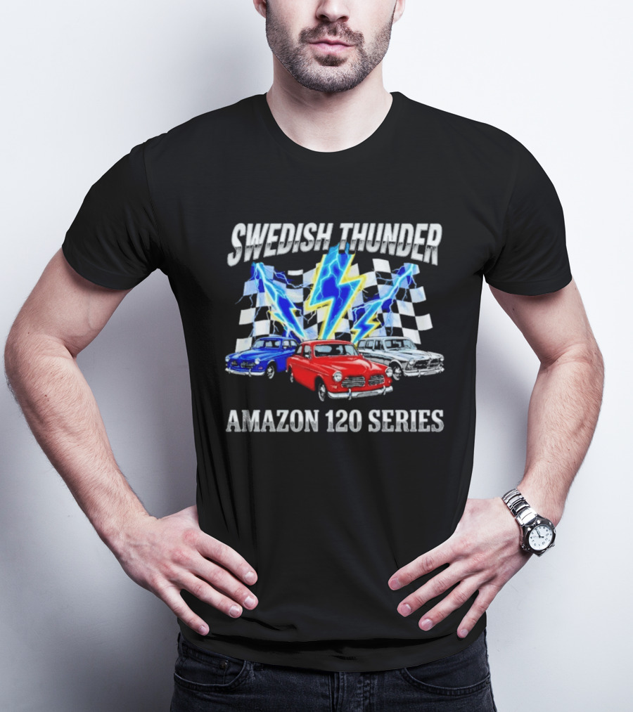 Swedish Thunder Amazon 120 Series Classic Car With Lightning And Checkered Flags T-Shirt