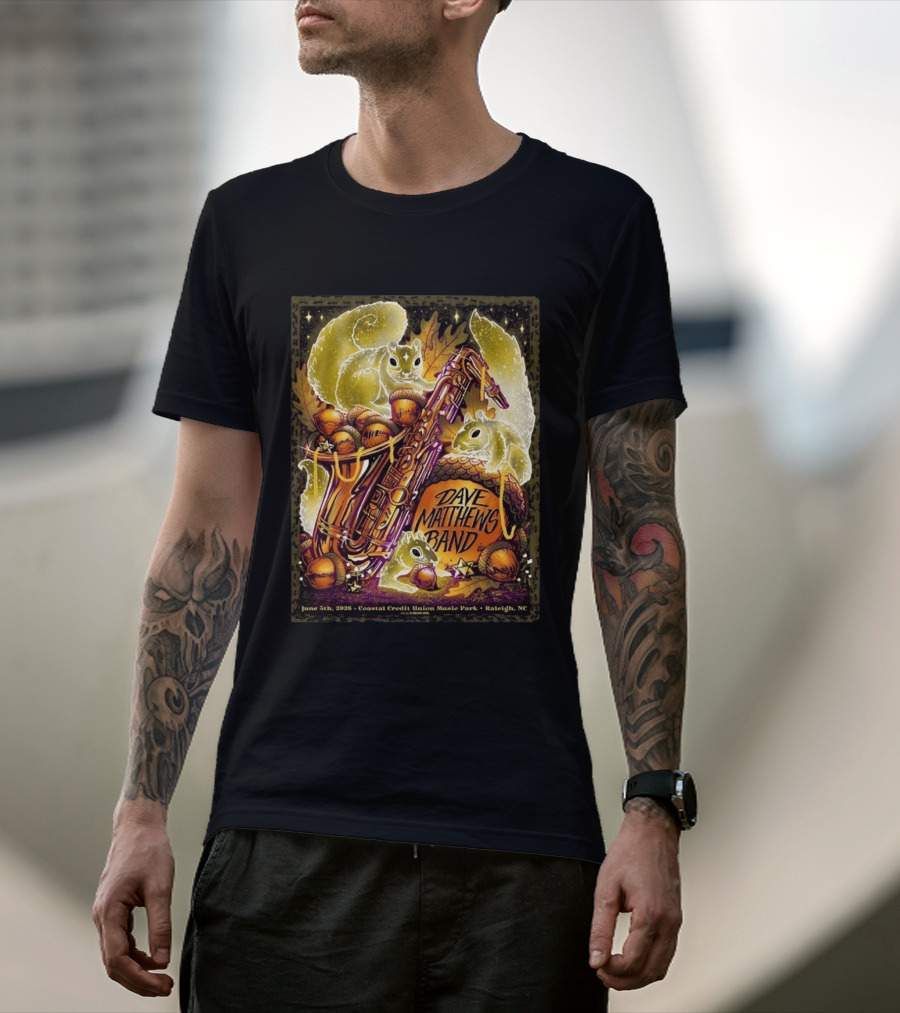 Dave Matthews Band June 5 2026 Coastal Credit Union Music Park Raleigh NC Squirrels Saxophone Acorns T-Shirt