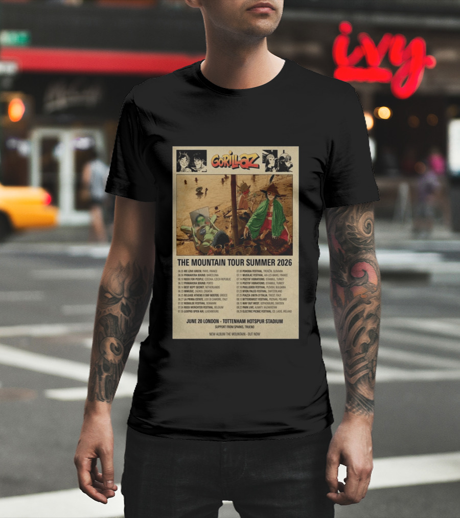 Gorillaz We Love Green Paris June 05 2026 The Mountain Tour T-Shirt