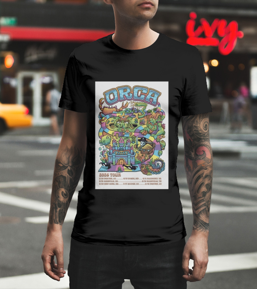 ORCA 2026 Tour Colorful Adventure Map Denver Asheville New York Boise Richmond Nashville Golden T-Shirt