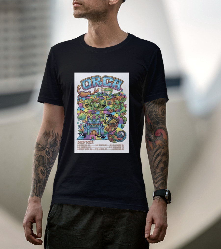 ORCA 2026 Tour Colorful Adventure Map Denver Asheville New York Boise Richmond Nashville Golden T-Shirt