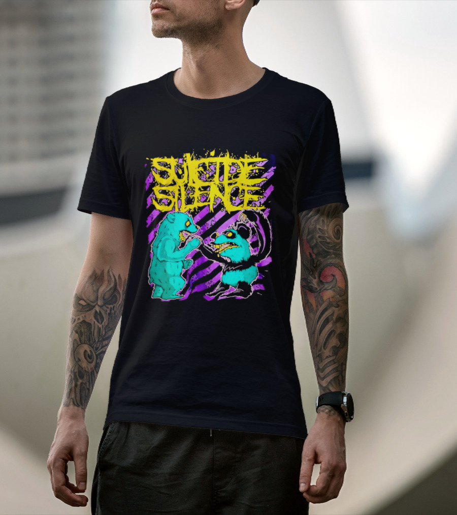 Suicide Silence Bears And Pandas Face Off In Striped Painting T-Shirt