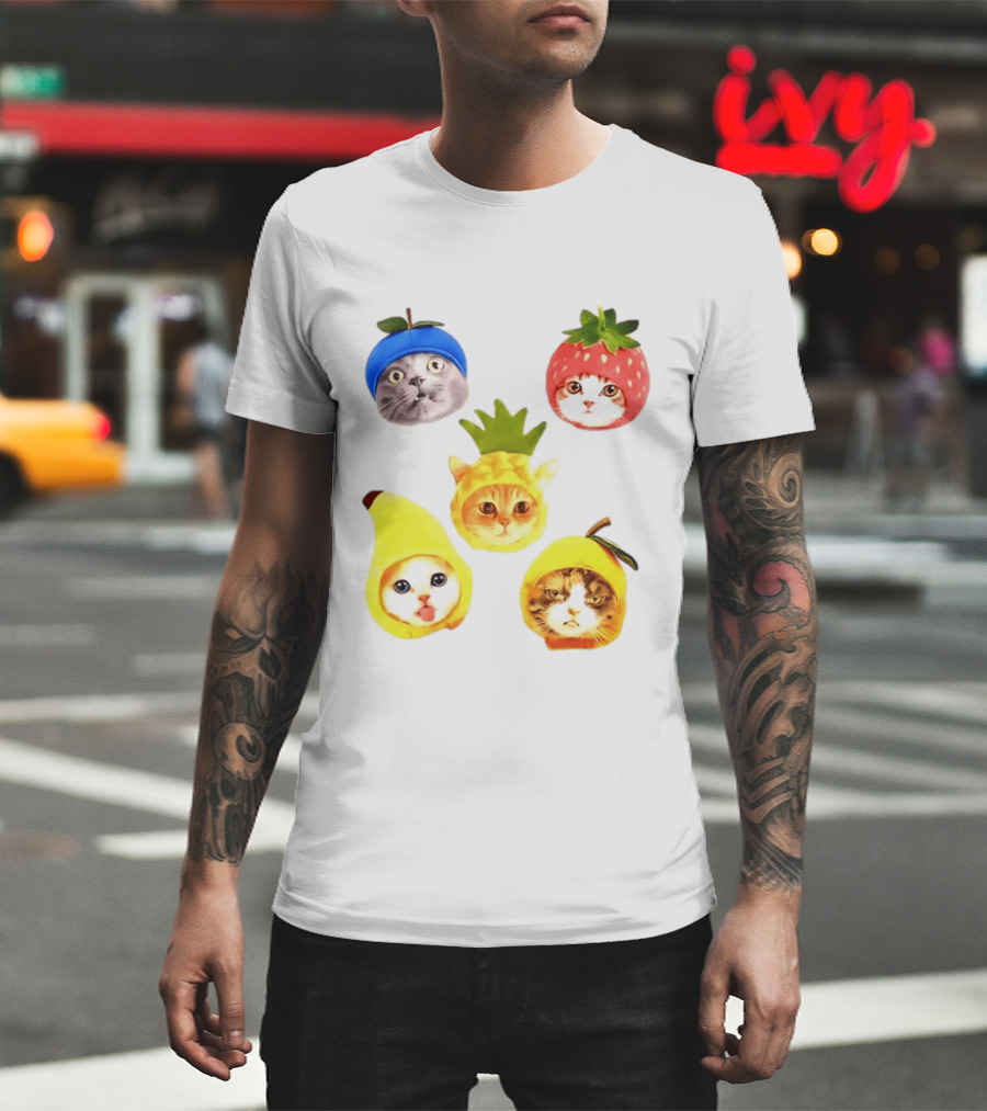 Whimsical Cats In Fruit Hats Blueberry Strawberry Pineapple Banana Apple T-Shirt