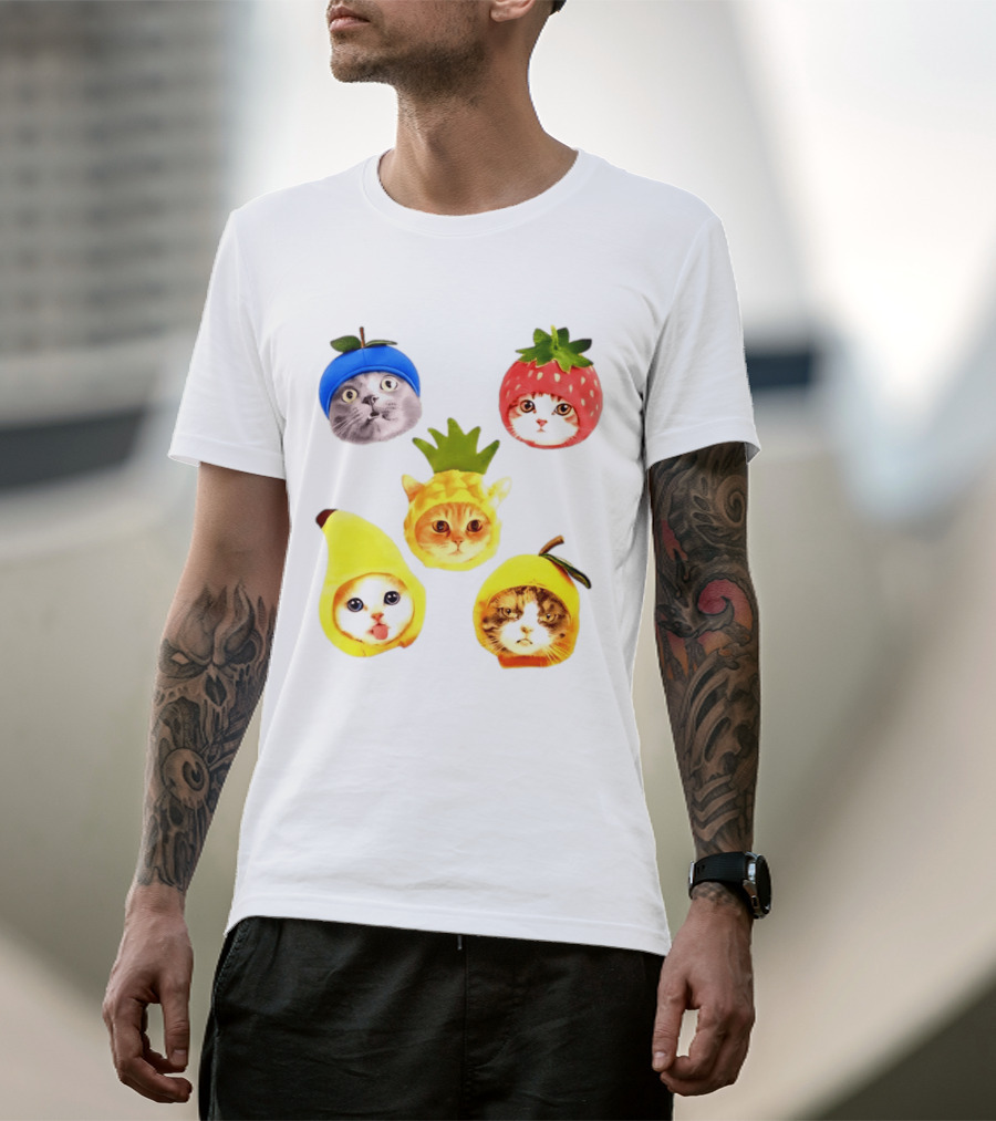 Whimsical Cats In Fruit Hats Blueberry Strawberry Pineapple Banana Apple T-Shirt
