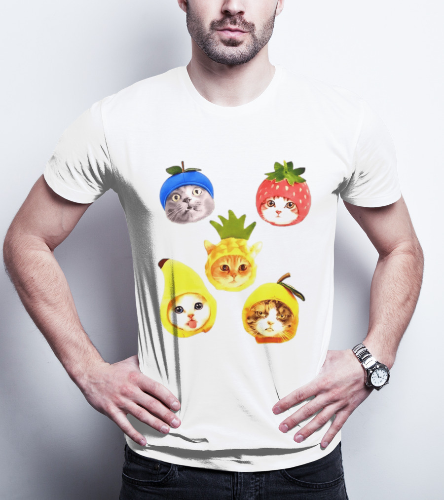 Whimsical Cats In Fruit Hats Blueberry Strawberry Pineapple Banana Apple T-Shirt