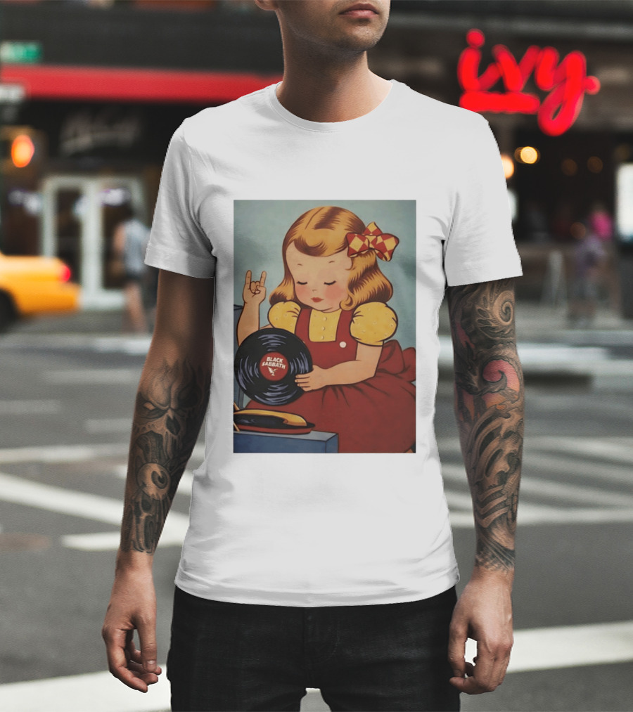 Girl Holding Black Sabbath Vinyl Heavy Metal T-Shirt