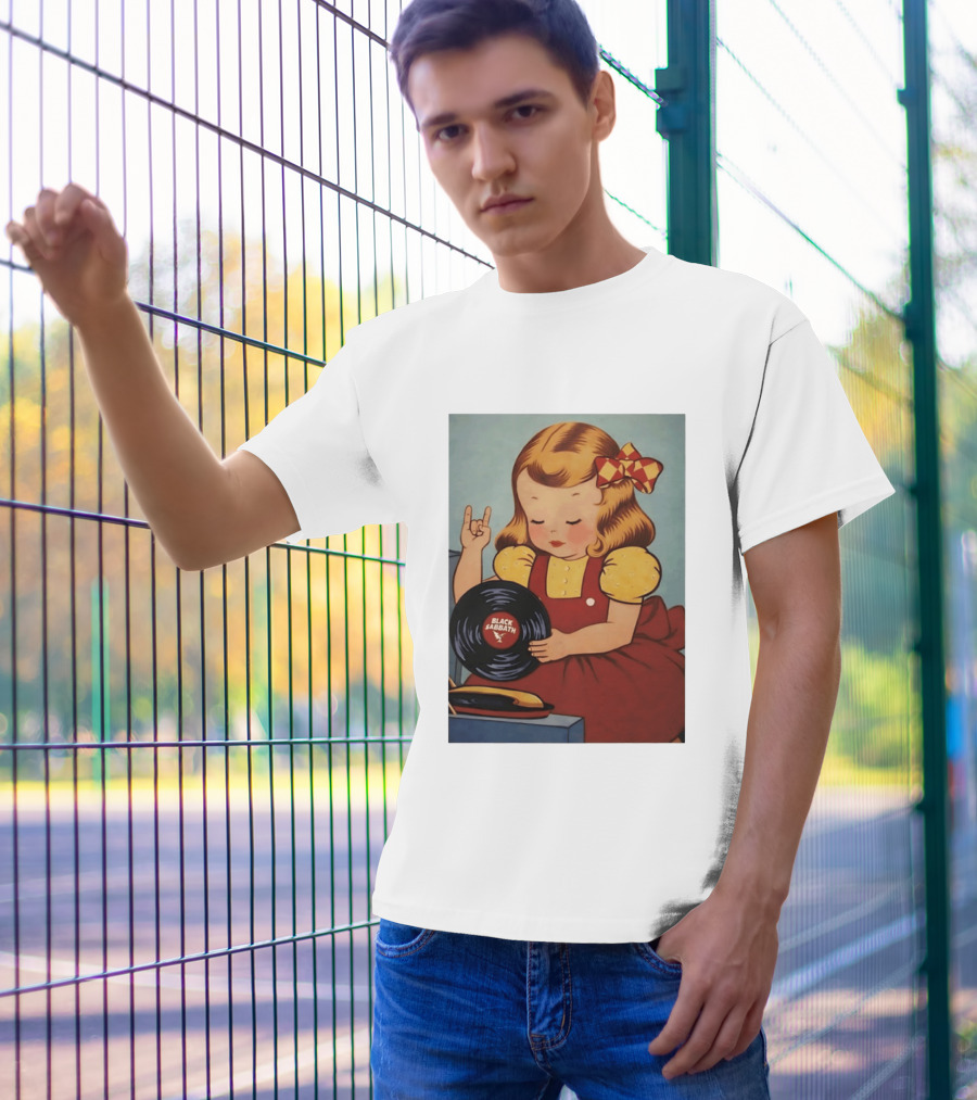 Girl Holding Black Sabbath Vinyl Heavy Metal T-Shirt