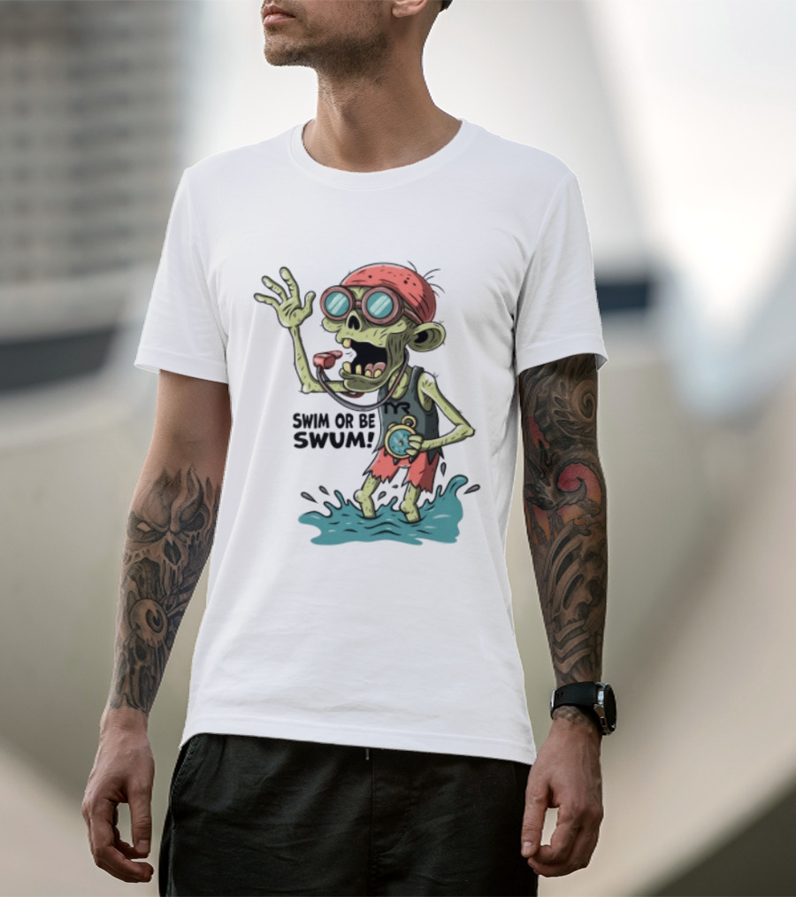 Swim Or Be Swum Zombie Lifeguard With Stop And Whistle T-Shirt