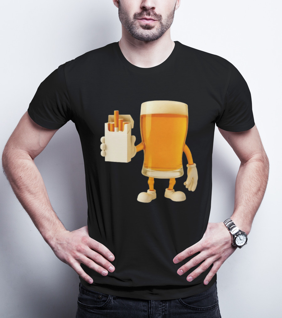 Beer Glass Holding Cigarettes Funny Drunk Cigs T-Shirt