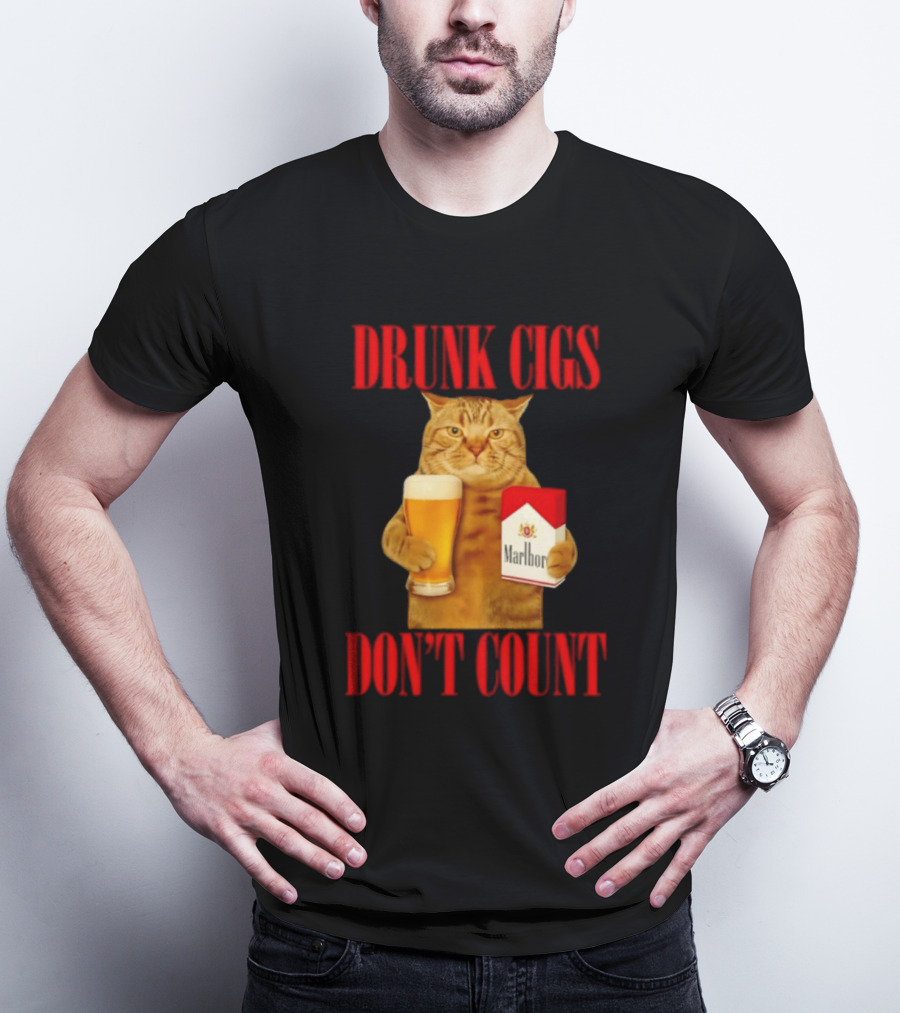 Drunk Cigs Don't Count Cat With Beer And Cigarette Pack T-Shirt