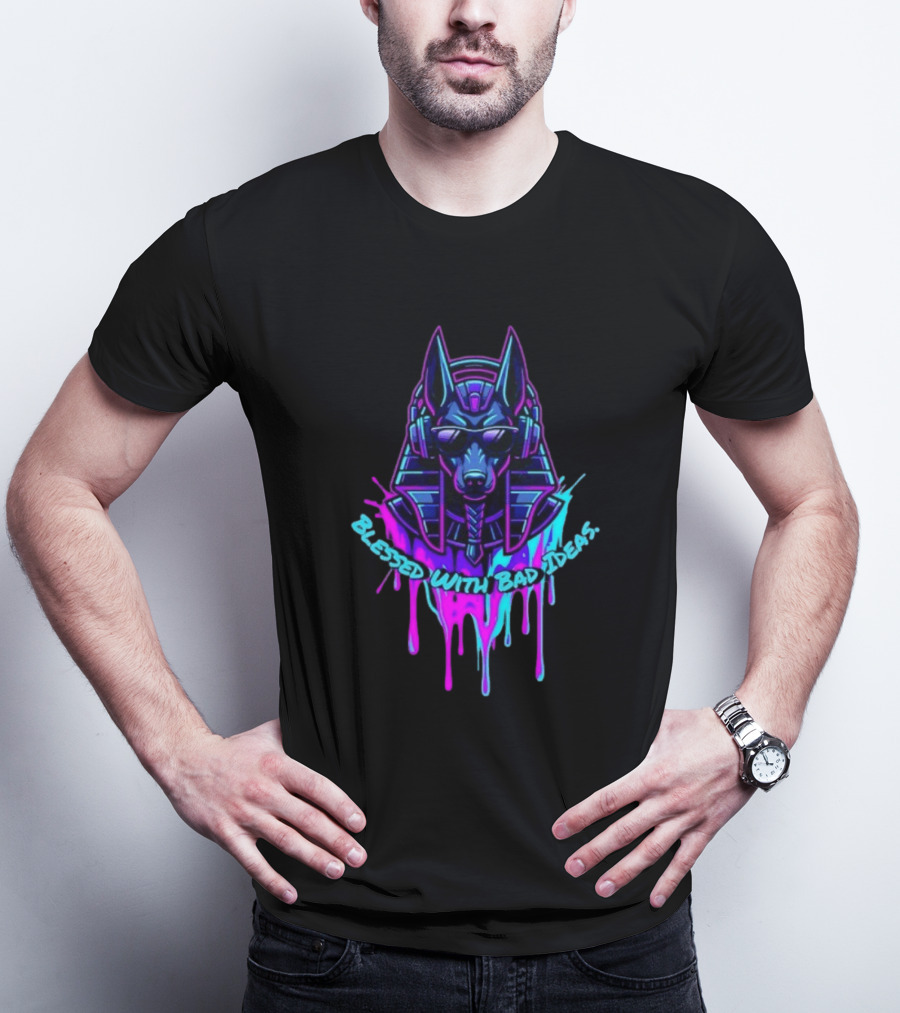 Blessed With Bad Ideas Anubis Headphones Neon Egyptian Mythology T-Shirt