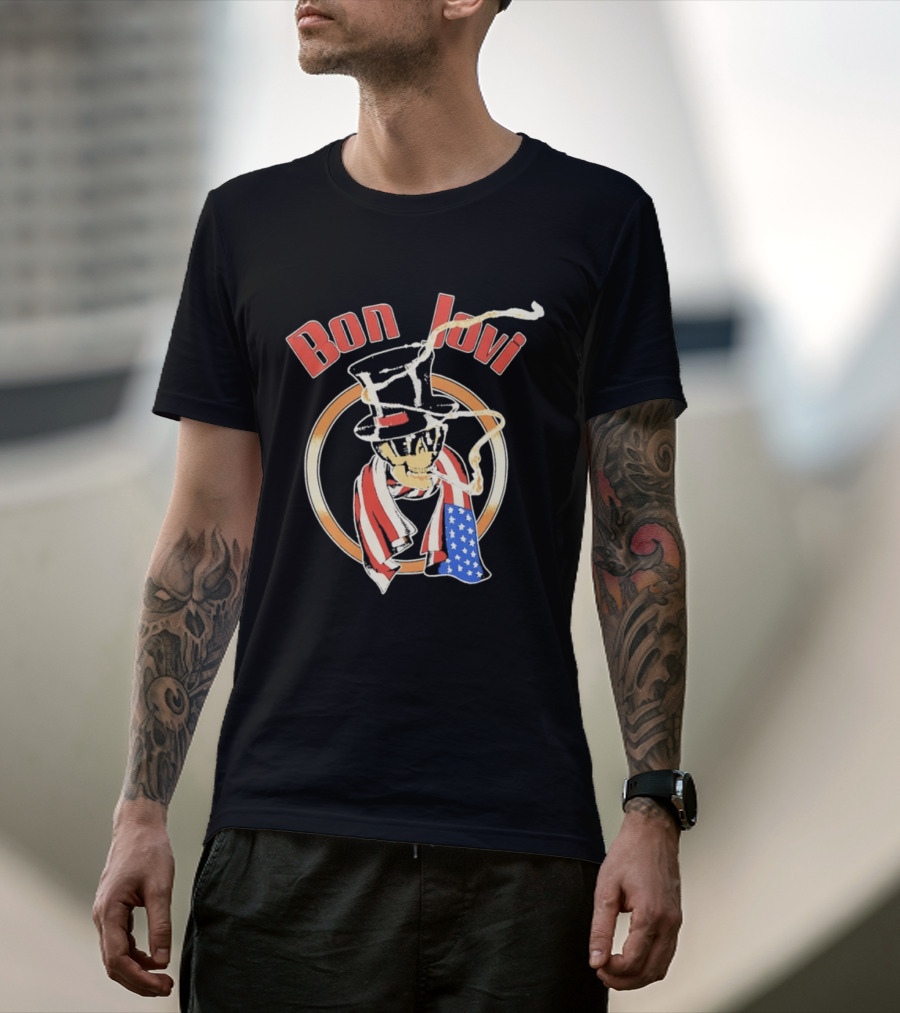 Bon Jovi American Skull With Patriotic Top Hat And Flag Scarf T-Shirt