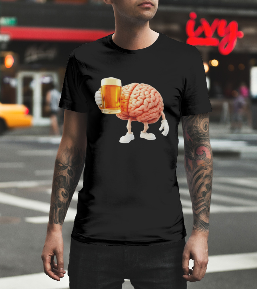 Brain Holding A Beer Drinking Anatomy Fun Humor T-Shirt